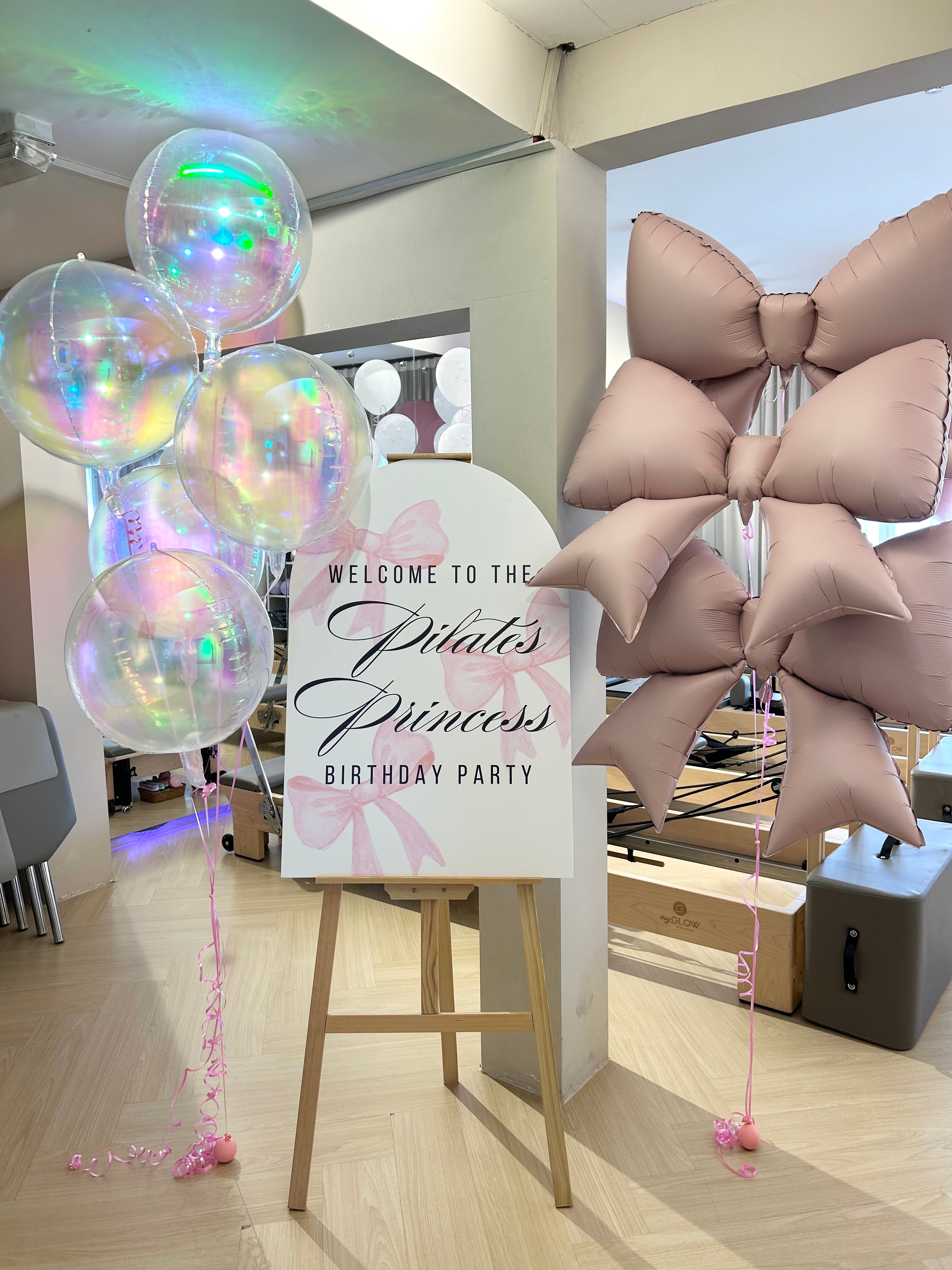 Customizable KT Board with Pink Bow Helium and Iridescent Orbs Balloon ...